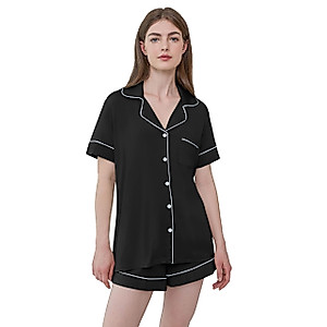 Ladies Button Down Pj Sets Jersey Knit Pajama Short Sleeve Loungewear lightweight/Lightweight(Black,Small)
