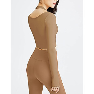 COZYPOIN Women Yoga Bra Long Sleeve Cropped Athletic Shirts Workout Tops Gym Cutout Sports Tees with Built(Coffee-S)