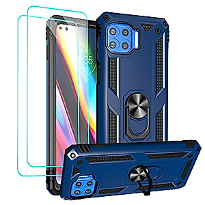 Androgate Compatible with Moto One 5G Case, Motorola One 5G UW Case, with Tempered Glass Screen Protectors, Military-Grade Metal Ring Kickstand 18ft Drop Tested Shockproof Cover Case, Blue