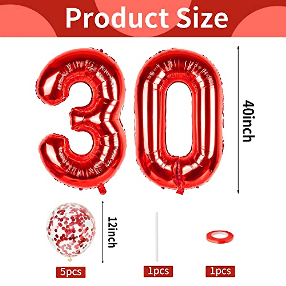 Red 30 Balloon Number, Number 30 Balloons, 40 Inch Red 30th Birthday Balloons with Confetti Balloon, 30th Birthday Decorations for Boy Girls, 30 Year Old Balloon for Birthday Party Anniversary