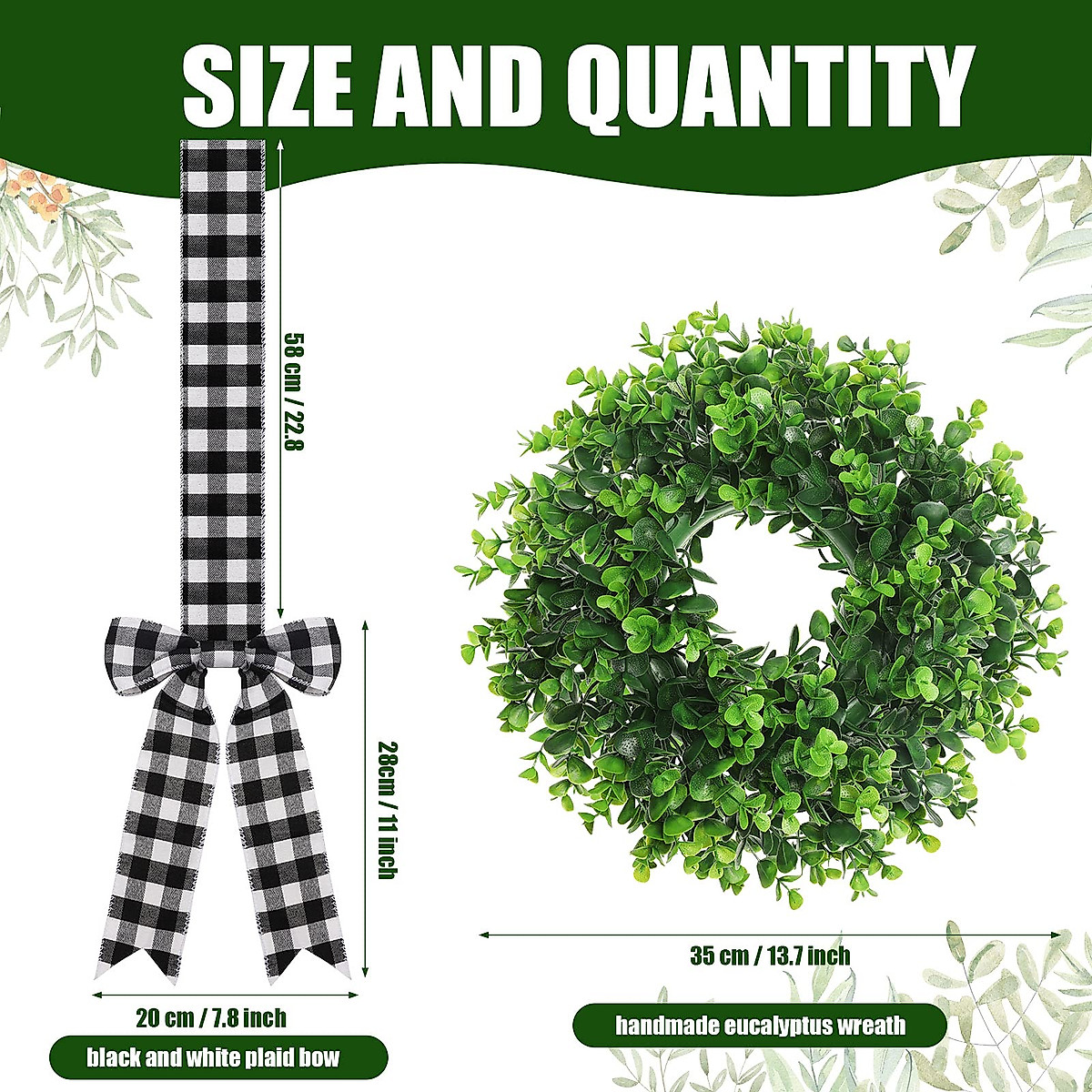 Artificial Eucalyptus Wreath Greenery Hanging Wreath Kitchen Cabinet Wreath with Buffalo Plaid Bow Black and White Check Bow for Christmas Front Door Home Wall Porch Patio Garden Decor