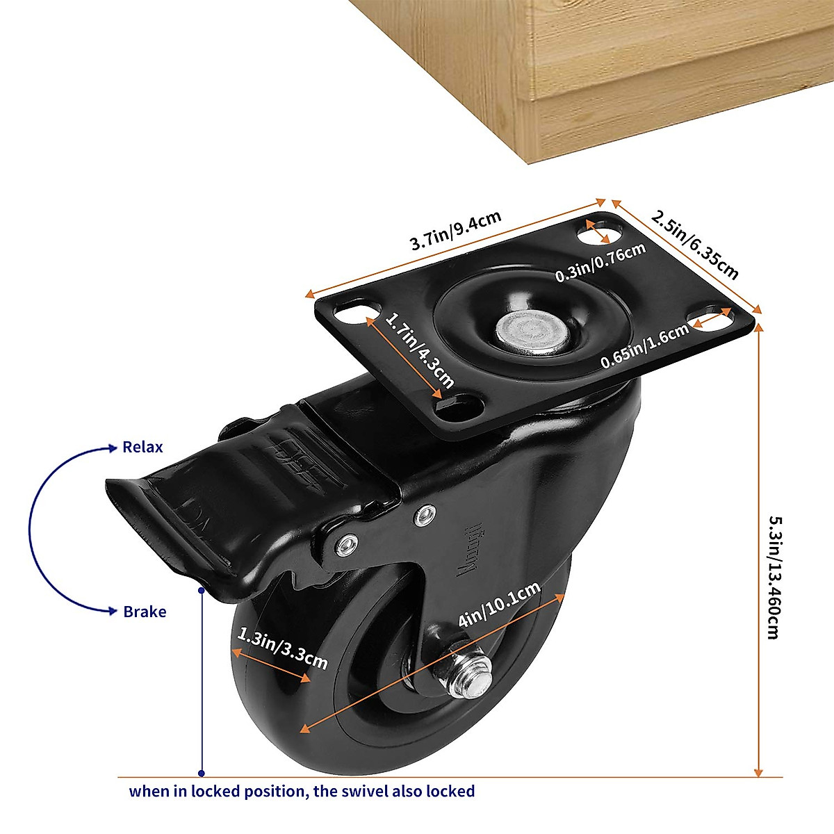Moogiitools 4" Swivel Rubber Caster Wheels with Safety Dual Locking Heavy Duty 1800lbs Casters Set of 4 Black (All with Brake)