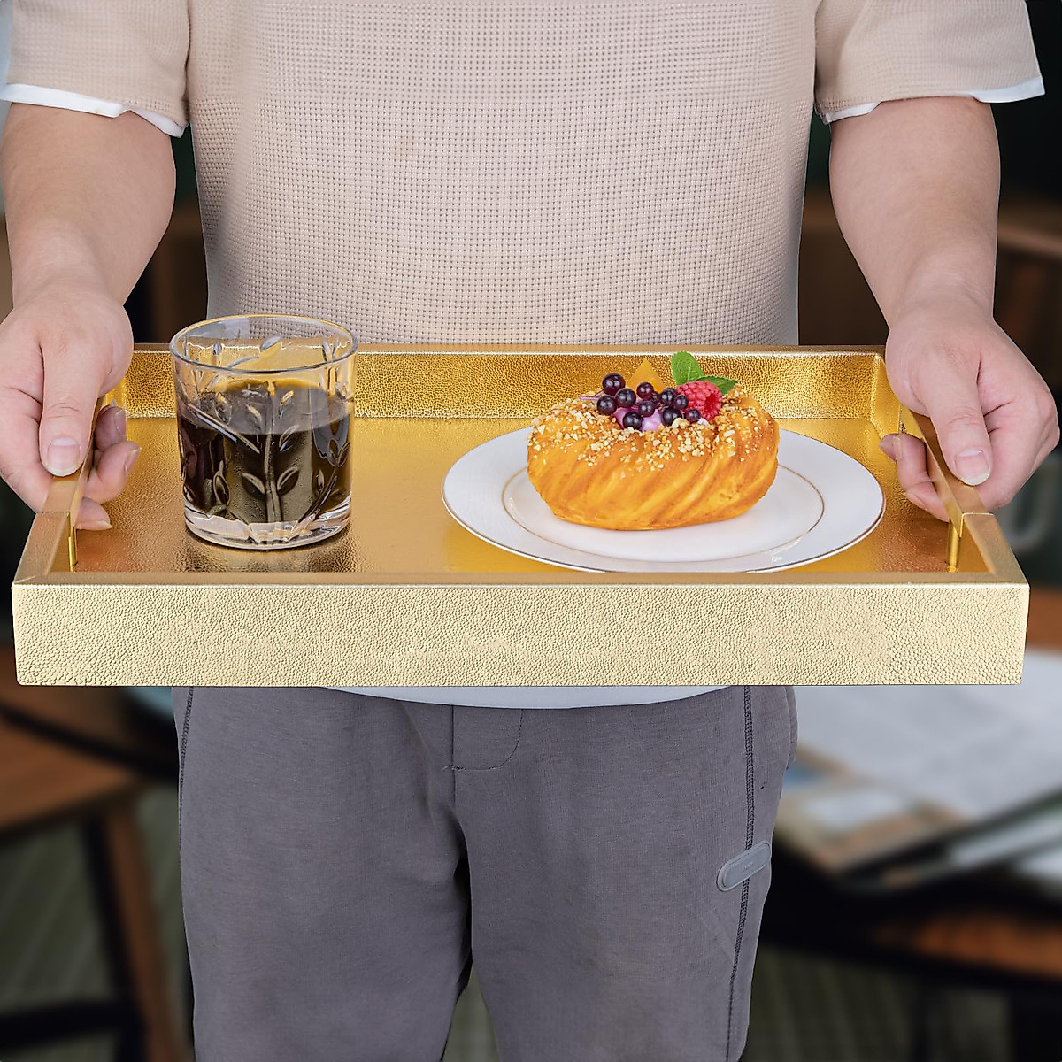 MAONAME Gold Serving Tray with Handles, 15.7 x 11.8 Inch Decorative Trays for Coffee Table, Rectangle Serving Tray and Modern Ottoman Trays for Living Room, Vanity, Kitchen, Bright Gold