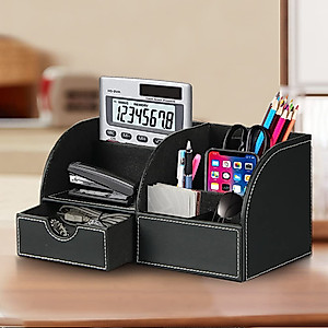 Desk Organizer, PU Leather Desktop Organizers and Accessories, Office Supplies Multi-Functional Caddy Storage with 6 Compartments and 1 Drawer, Workspace Organizer for Office Home School Classroom