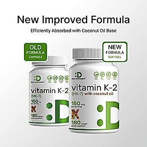 Vitamin K2 MK-7 with Virgin Coconut Oil, 180 Softgels - Vitamin K2 as Menaquinone-7 150 mcg | Advanced Vitamin K Supplement - Promotes Bone Health, Non-GMO, No Gluten