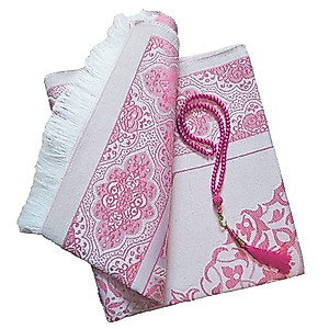 Prayeristan Muslim Prayer Rug - Prayer Mat with Gift Prayer Beads - Ramadan and Islamic Gifts - Portable Prayer Mat for Men and Women - Travel Prayer Mat -Turkish Design Muslim Prayer Rug (Pink)