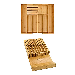 Bamboo Knife Drawer Organizer, Kitchen Knife Holder Drawer, Silverware Tray with Dividers