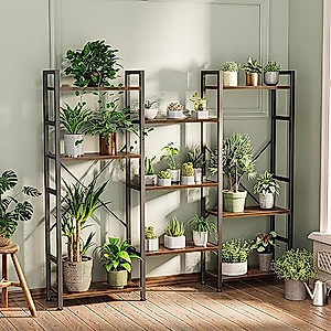 Boloni Triple Bookshelf, Bookcase with 11 Open Platforms, Large Etagere Wood Bookcase with Metal Frame for Living Room, Bedroom, Brown