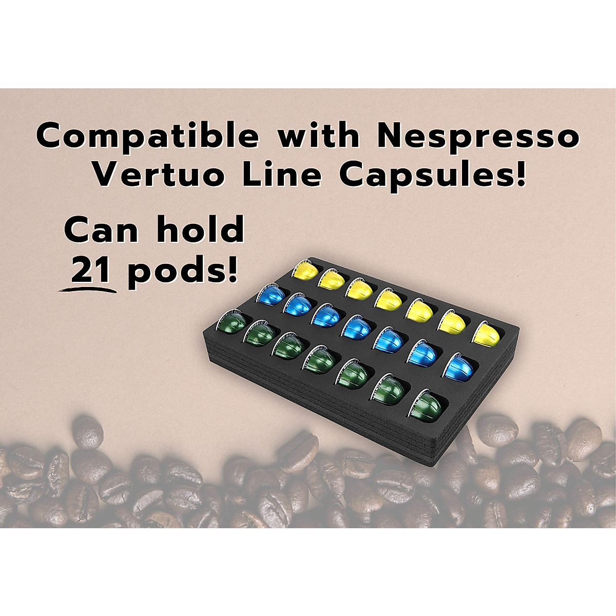 Polar Whale 2 Coffee Espresso Capsule Drawer Organizer Tray Inserts Compatible with Nespresso Vertuo VertuoLine Kitchen Home Office Waterproof Washable Black Foam 21 Compartment 10.9 x 14.9 Inches