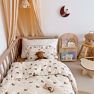 AOJIM Kids Bedding Duvet Cover with Little Bee and Brown Bear, Cotton Toddler 2-Layer Gauze Muslin Comforter Cover 47X59'', Ruffled Design Baby Duvet Protector for Girls Boys, No Pillowcases or Quilt