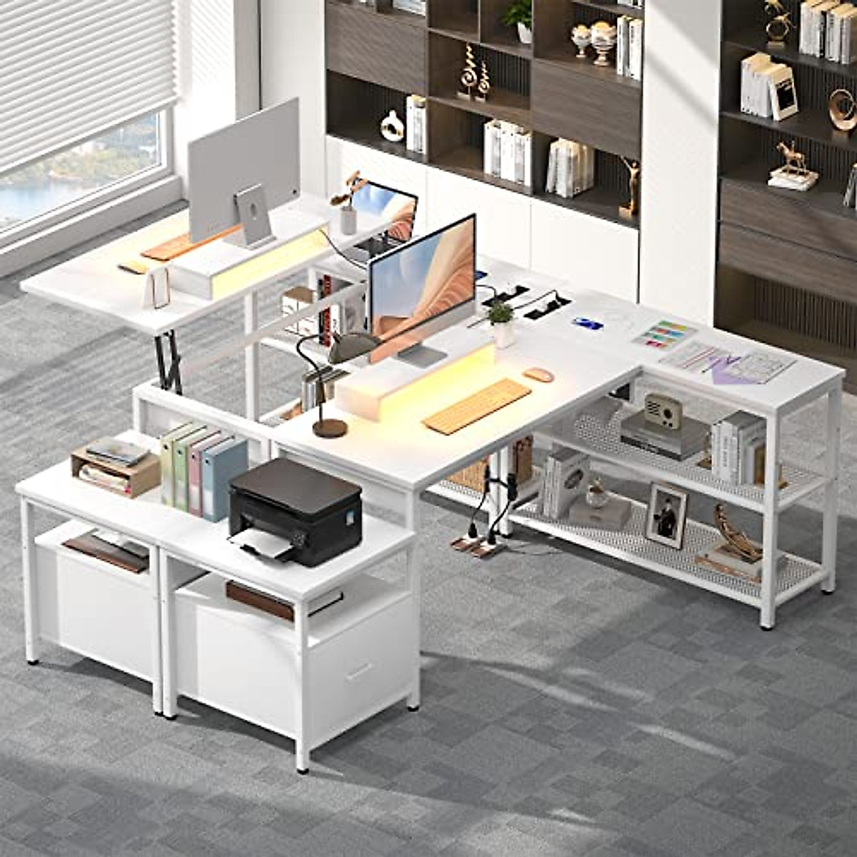 Aheaplus L Shaped Desk with Power Outlet, Standing Home Office Desk with Lift Top and File Drawer, 63'' Corner Computer Desk with Monitor Stand&Printer Shelves, Gaming Desk with Led Lights, White