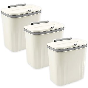 3 Pack Hanging Trash Can with Lid, 10L/2.6 Kitchen Compost Bin for Counter Top or Under Sink, Small Plastic Waste Basket Wall Mounted Garbage Can for Cupboard/Bathroom/Bedroom/Office/Camping (White)
