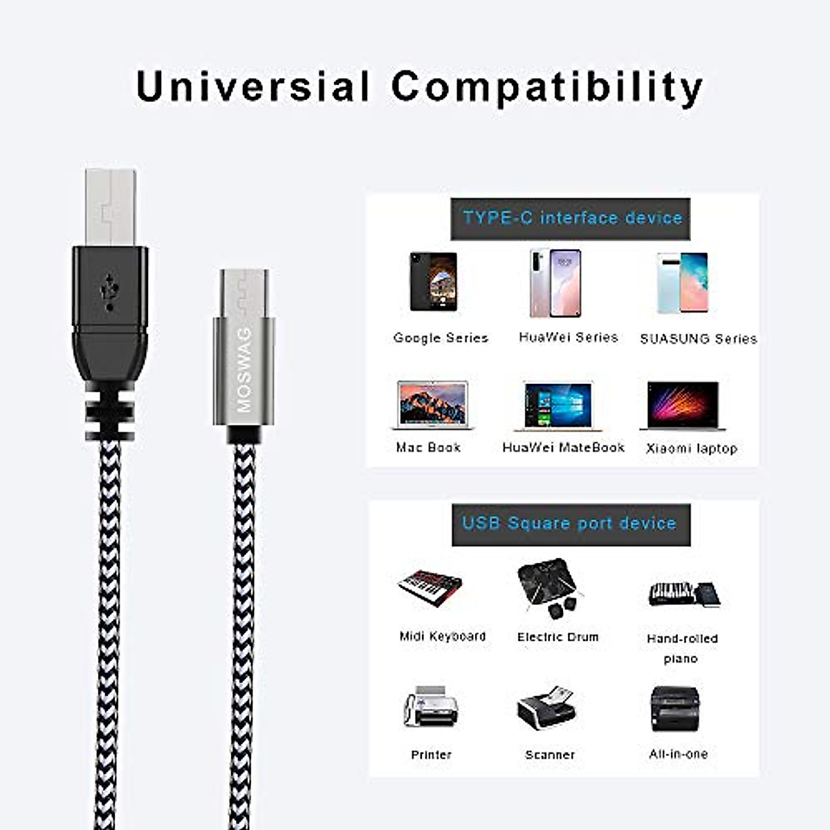 MOSWAG 6.6FT/2M USB C Printer Cable Type C to USB MIDI Cable for Samsung Huawei Laptop MacBook to Midi Controller,Midi Keyboard,Printer Scanner,Audio Interface Recording and More