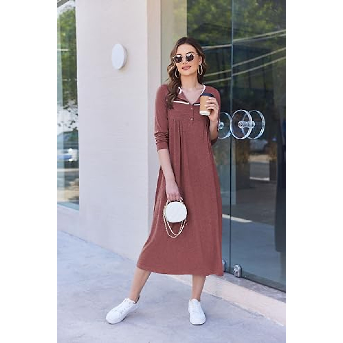 Ekouaer Long Nightgown for Women Nightgowns Soft Night Shirt sleepwear Long Sleeve Comfy Night Gowns Wine Red