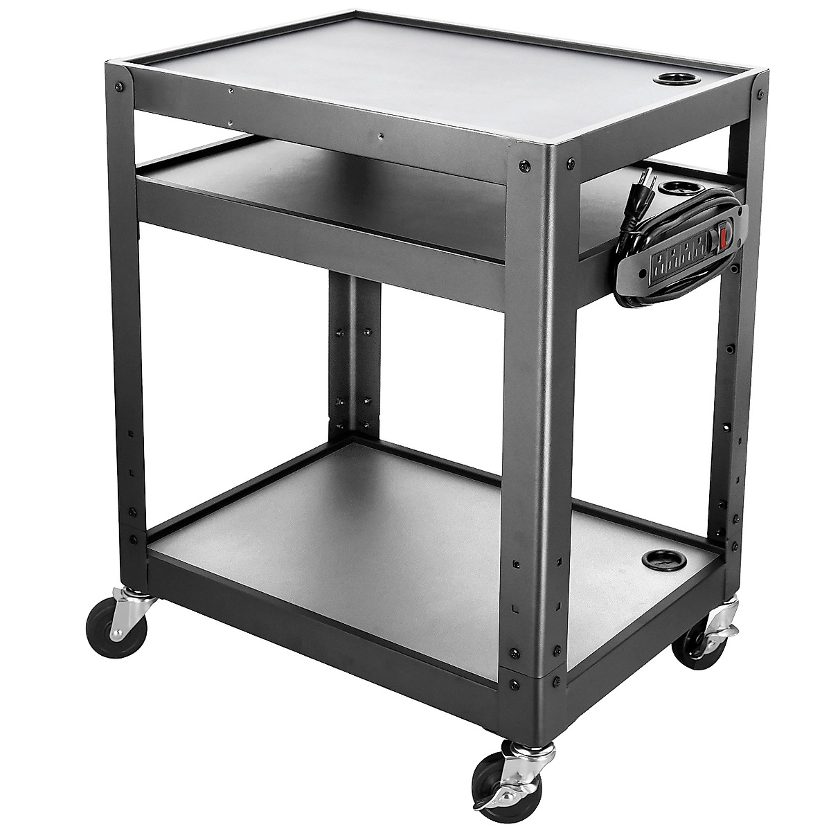 3 Shelf Metal Utility cart - Steel Construction Mobile Presentation Cart Projection Cart with Power Strip - Durable Utility Cart AV Carts on Wheels - Supports Up to 300 LBs (24'' x 18'' x 41'')