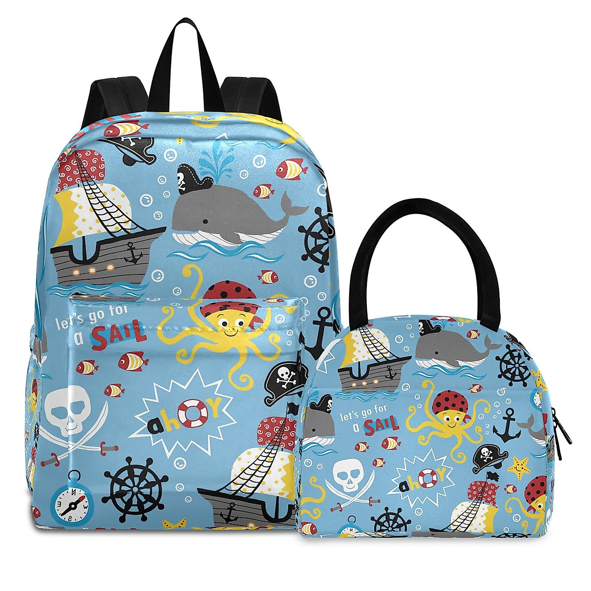 ODAWA Cartoon Pirates Elements Toddler Boys Backpack with Lunch Box Primary Junior High School Backpack Set