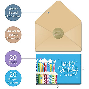 20 Unique Happy Birthday Cards with Envelopes, Birthday Cards Bulk with Short Generic Message Inside, 20 Unique Designs, 4x6 inches, Birthday Cards Assortment for Business and Personal