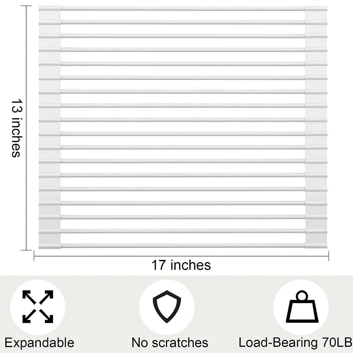 H S T Over The Sink Dish Drying Rack for Kitchen - 17" x 13" Heavy Duty Silicone Wrapped Steel Rods Over Sink Dish Drying Rack - Multipurpose Roll Up Sink Drying Rack - White