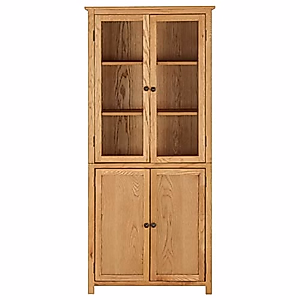 Tidyard Bookcase with 2 Glass Doors and 2 Wooden Doors Cabinet Oak Wood Book Display Cabinet Organizer for Living Room, Bedroom, Home Furniture 31.5 x 13.8 x 70.9 Inches (W x D x H)