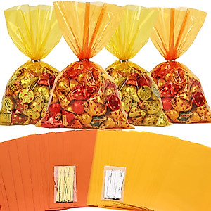 Whaline 100Pcs Fall Cellophane Bag with 100Pcs Twist Ties Mix Colors Goodie Treat Bags Orange Red Yellow Candy Snack Bag Thanksgiving Party Favor Bag for Fall Wrapping Decor Autumn Party Supplies