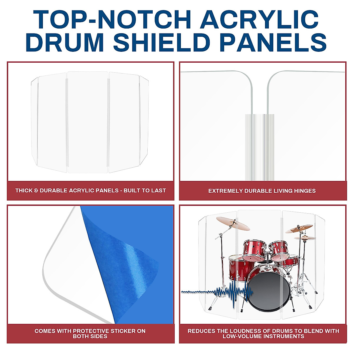 PENNZONI Drum Shield 5ft w/Living Hinges, Comes w/ 5 Drum Panels & Living Hinges, Premium Clear Acrylic Panels, Drum Screen