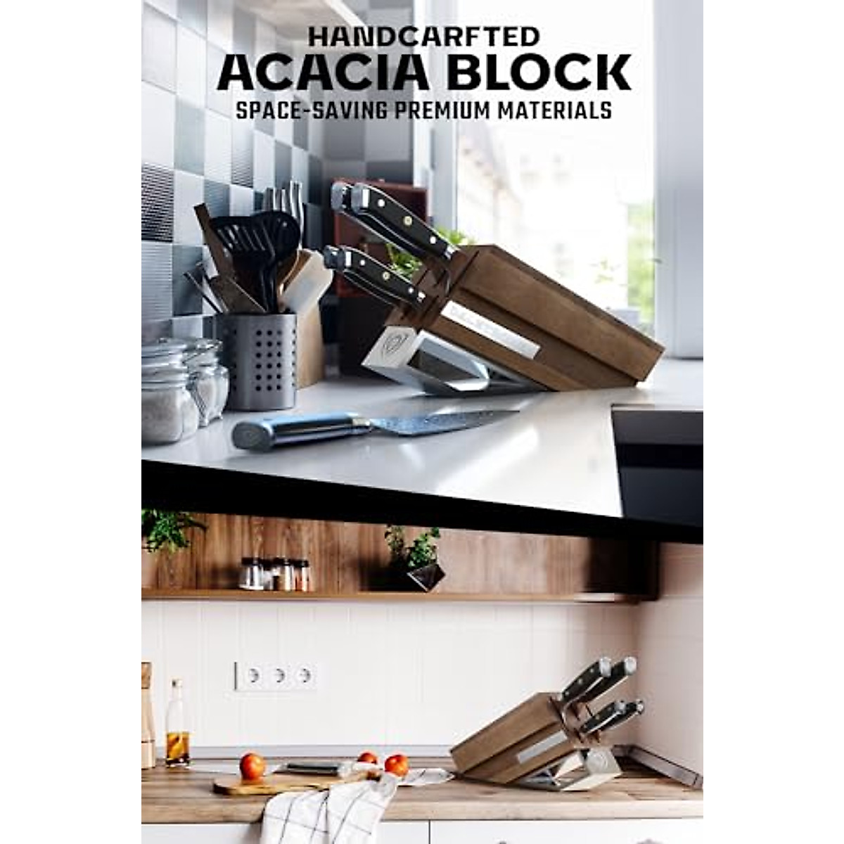 DALSTRONG Knife Block Set - 5 Piece - Shogun Series ELITE - AUS-10V High-Carbon Japanese Steel - Black G10 Handles - Acacia Wood - Damascus - Kitchen Knife Set with Block - Professional Cutlery Set