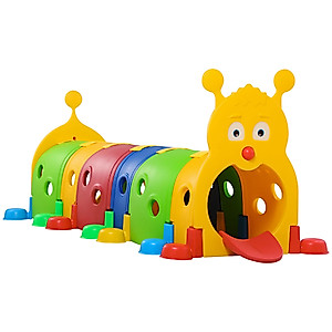 Qaba Caterpillar Tunnel for Kids, Outdoor Indoor Climb and Crawl Through, Play Equipment for Toddler 3-6, 6 Sections, for Daycare, Preschool, Playground, Multicolor