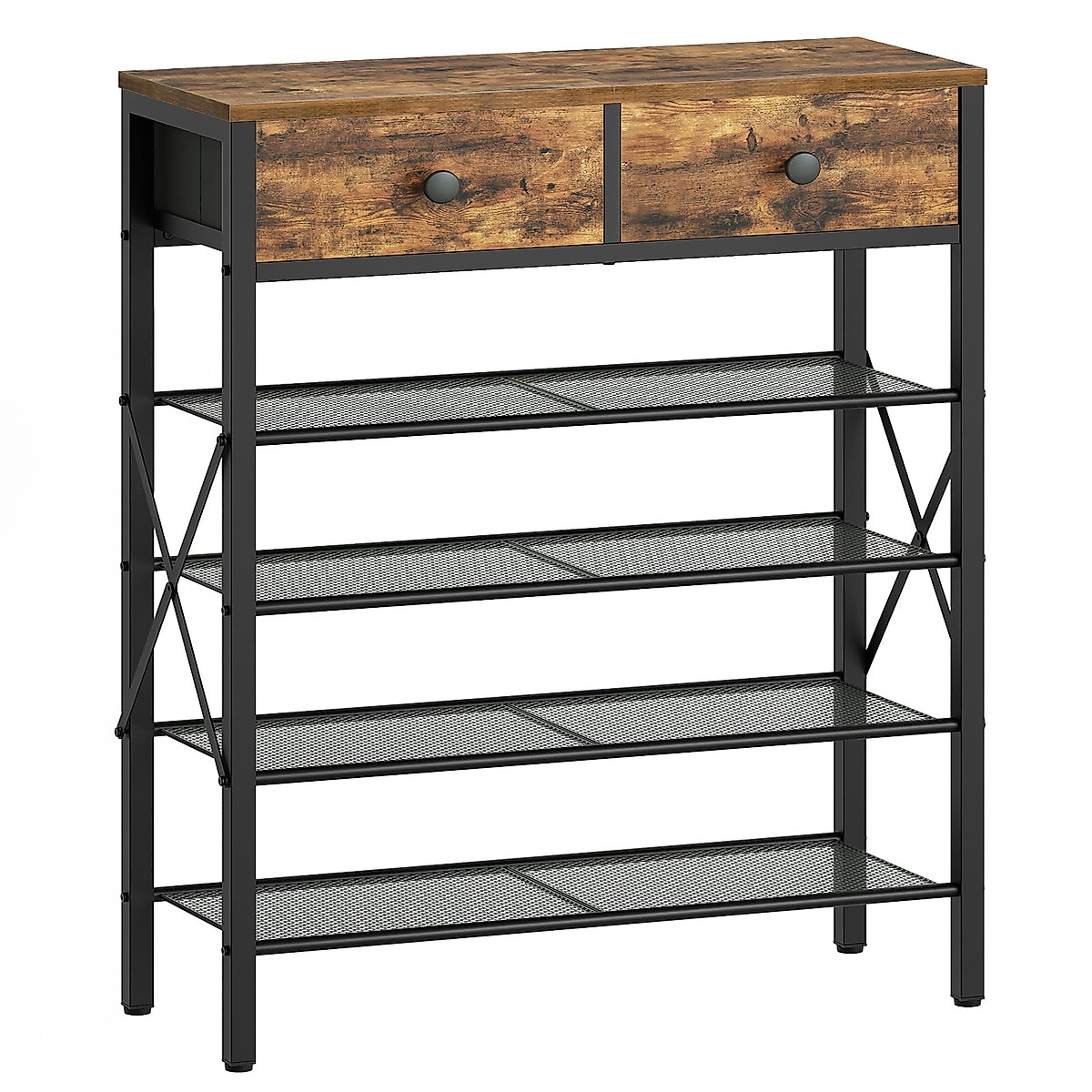 YATINEY 5 Tier Shoe Rack, Large Capacity Shoe Storage Organizer, Metal Shoe Shelf with Drawer and Wooden Top, for 16 Pairs of Shoes, for Entryway, Closet, Rustic Brown and Black SS25BR