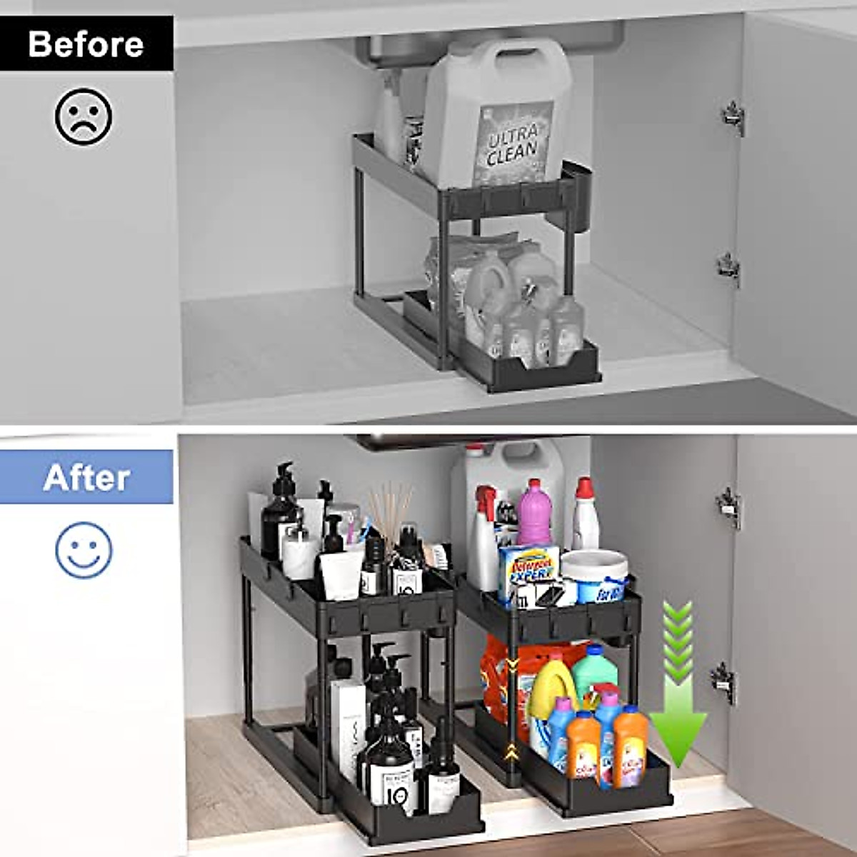 Under Sink Organizers and Storage, 2 Tier Black Bathroom Cabinet Organizer with 4-Height Adjustable Telescopic Tube,4 Removable Dividers,4 Hooks,1 Cup, Kitchen Under Sink Organizer,1 Pack
