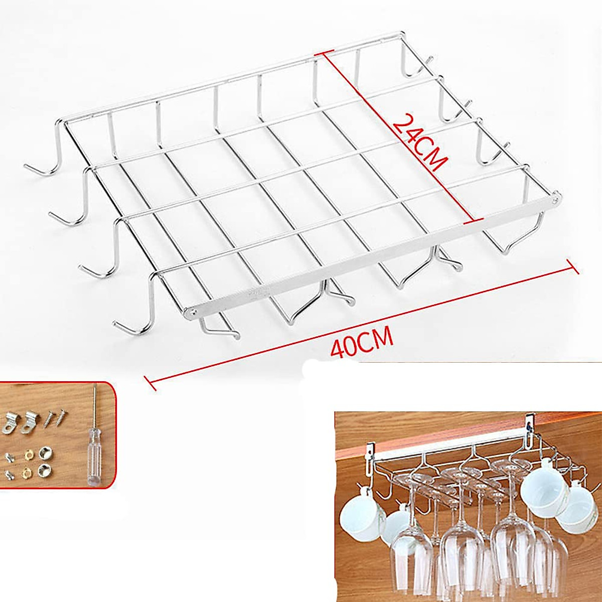 Coffee Mug Holder & Adjustable Wine Glasses Rack Under Cabinet Stemware Rack ，304 Stainless Steel Stemware Rack， Nail Free Wine Glass Holder Glasses Storage Hanger Organizer for Bar Kitchen