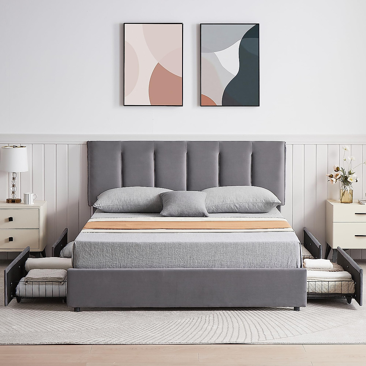 VECELO Queen Upholstered Bed Frame with 4 Storage Drawers and Adjustable Velvet Headboard, Heavy-Duty Platform bedframe, No Box Spring Needed, Grey