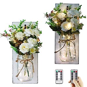 Rustic Home Decor Mason Jar Sconces, Bathroom and Living Room Decorations with Timer Remote Control Led Fairy Lights, Hanging Vintage Wood Art Goods and Flower Decor. Farmhouse kitchen wall Decor.