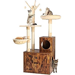 Timberer Litter Box Enclosure with Cat Tree, Wooden Cat House with Cat Tree Tower, Hidden Cat Litter Box Furniture with Scratching Post, Modern Cat Condo, Rustic Brown