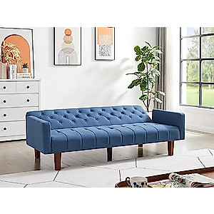 Blue, Linen, Convertible Double Folding Living Room Sofa Bed (Eucalyptus Wood Frame)