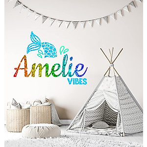 Mermaid Custom Name Wall Decal - Girls Personalized Name Mermaid Tail Wall Sticker - Sparkle Mermaid Wall Decor - Girls Personalize Name Wall Art Sticker - Wall Decal for Nursery Playroom Bedroom Decoration (Wide 15"x11" Height)