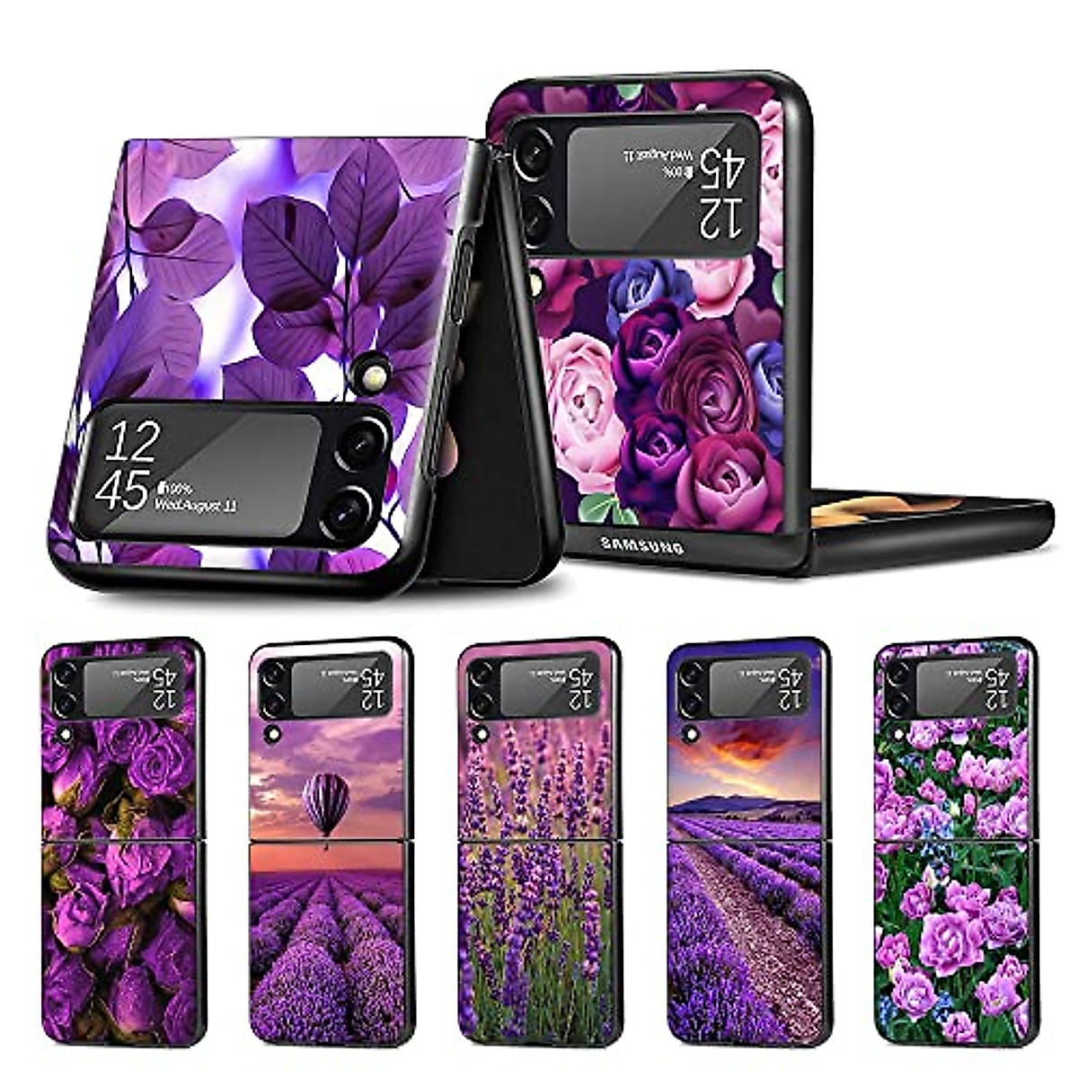 Phone Case for Samsung Galaxy Z Flip 3 Z Flip 4 5G Black Hard PC Cover Purple Lavender Flowers,Z5,for Z Flip 3 5G
