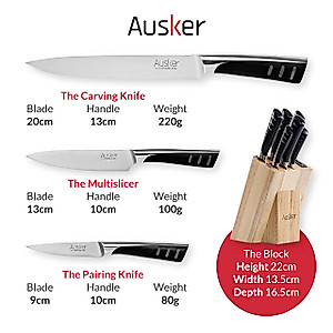 Ausker - Kitchen Knife Set Block with Sharpener, Chef, Santoku, Paring, Utility, Carving and Bread Knives, Stainless Steel Professional Kitchenware (Set of 6)
