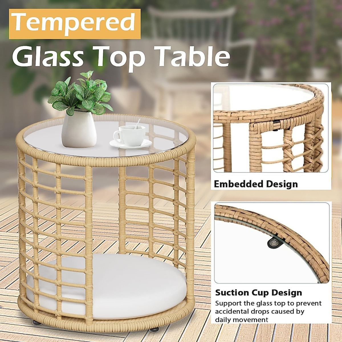 3 Piece Patio Bistro Set, Bistro Table and Chairs Set of 2 with Elevated Back Cushion, Round Glass Top Coffee Side Table, Patio Rattan Conversation Set for Balcony, Lawn, Garden, Backyard, White