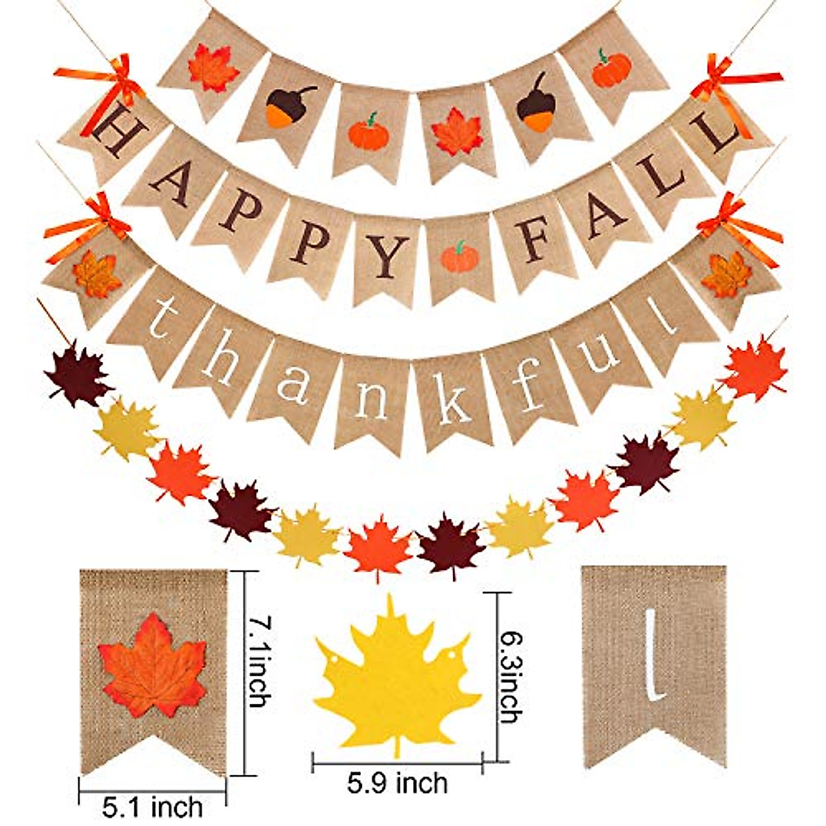 4 Pieces Thanksgiving Fall Decorations Burlap Thankful Banner Happy Fall Banner Pumpkins Maple Leaves Acorn Banner Felt Maple Leaves Garland Banner for Thanksgiving Decorations