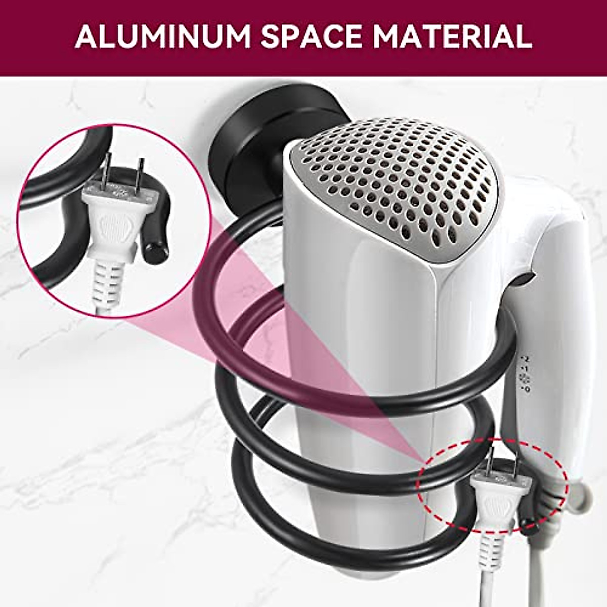 YUET Hair Dryer Holder Hairdryer Station Wall Mounted Stand Hanger Rack Blow Spiral Aluminum Construction Black Painted Shelf Storage for Bathroom Shower Room