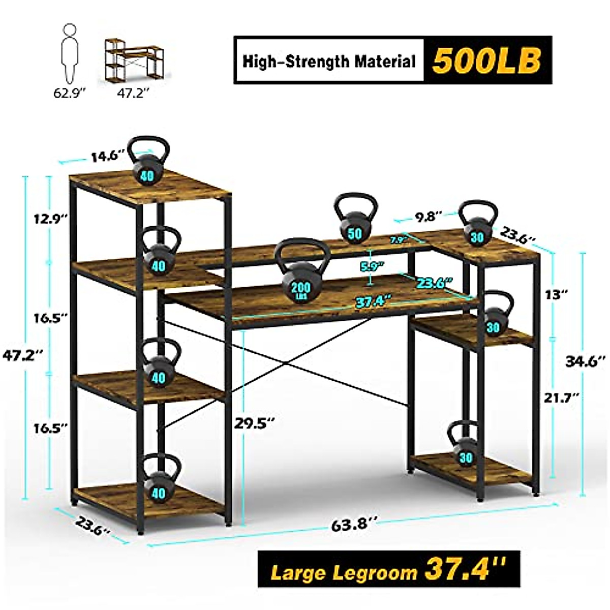 Computer Desk with 4-Tier Storage Shelves, 63 Inches Large Industrial Office Desk with Monitor Shelf and CPU Stand, Study Writing Table Workstation with Printer Stand for Home Office, Rustic Brown