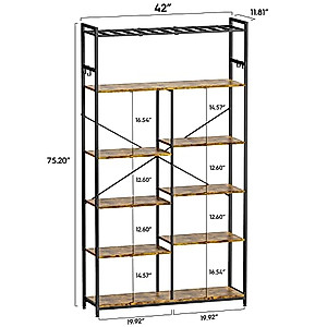 Iaocpio Double Wide 6 Tier Bookshelf, Bookshelves and Bookcases with 6 Hooks. Industrial Bookshelf for Living Room, Bedroom, and Home Office Brown.