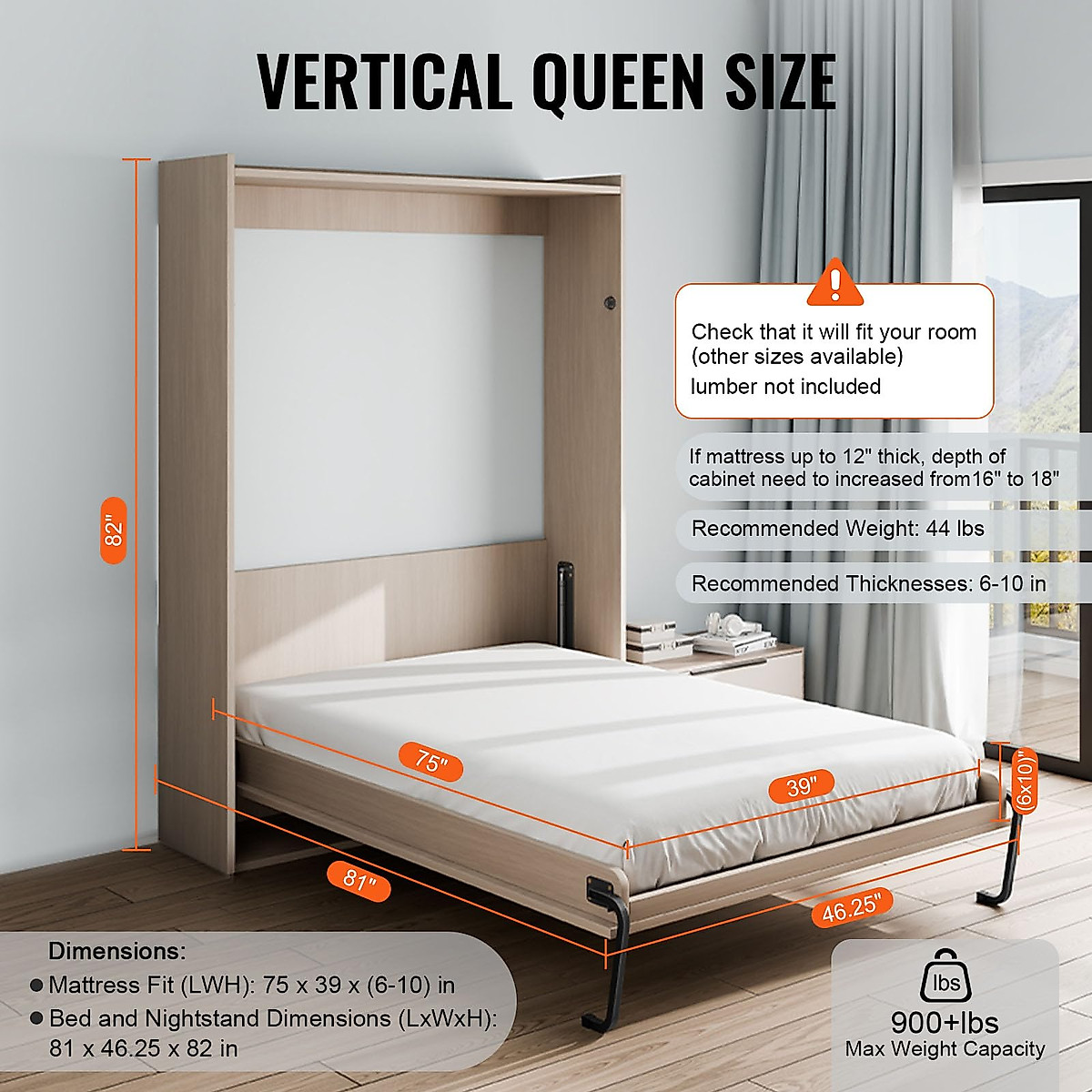 VEVOR Murphy Bed Kit, Twin Size, Vertical Deluxe DIY Wall Bed Mechanical Hardware Kit, Pneumatic Lever Heavy Duty Bed Frame Support, Folding Cabinet Wall Bed Space Saving Design for Guestroom