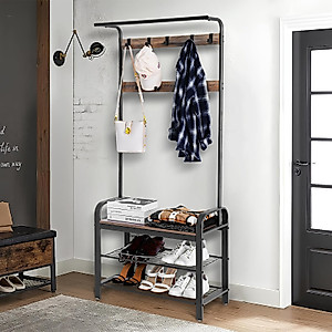 cenivi Hall Tree with Bench and Shoe Storage, 4-In-1 Entryway Bench with Coat Rack, with Hanging Rod, 9 Removable Coat Hooks, Shoes Rack, Assembled Hall Tree with Storage Furniture, Gray
