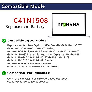 C41N1908 Laptop Battery Replace for Asus ROG Zephyrus G14 GA401IU GA401IH GA401IV GA401IHR GA401 GA401II GA401QC GA401QH GA401QM GA401QE Series 0B200-03610000 0B200-03610100 C41PQ05 4ICP4/59/134