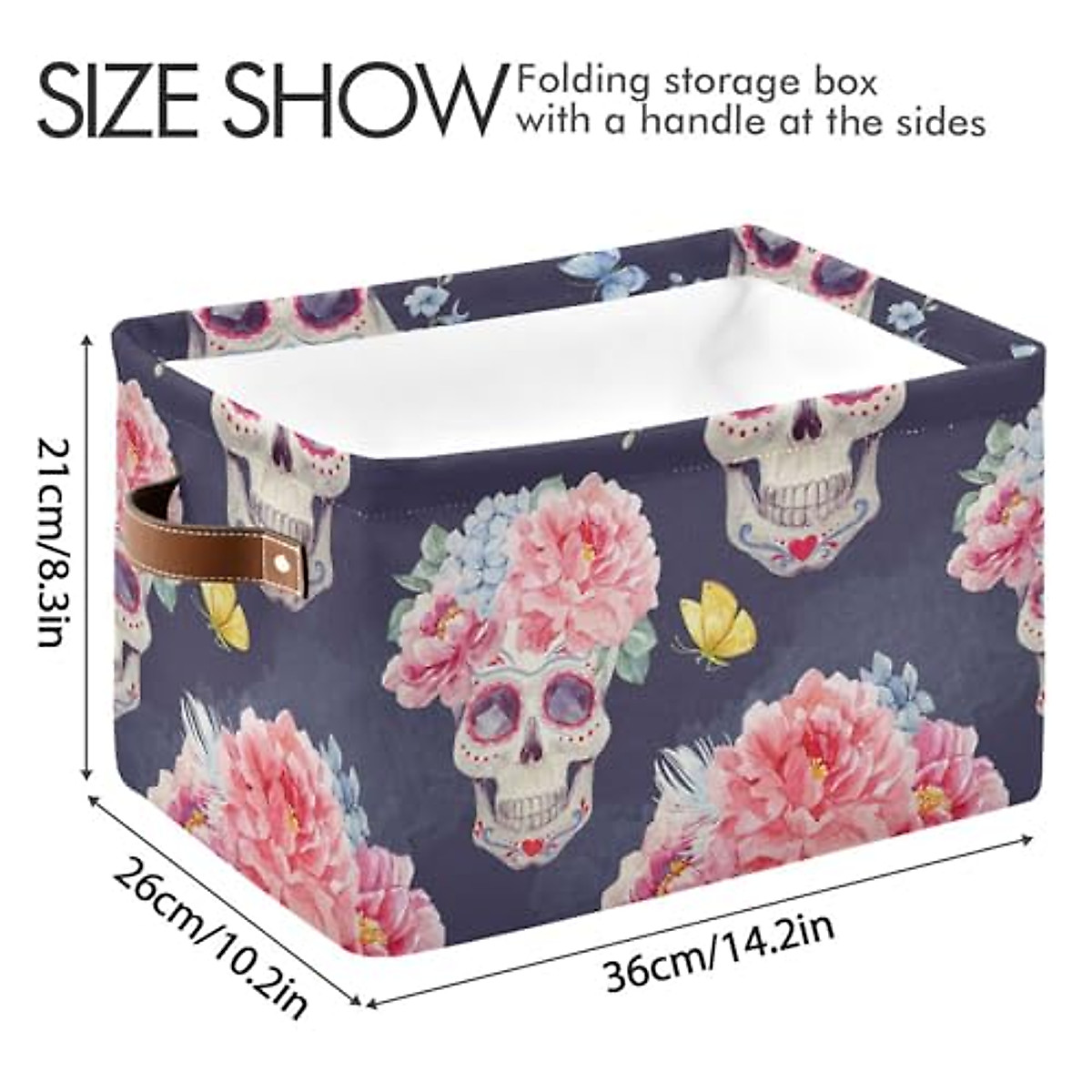 Skull Peony Flowers Storage Basket Bins Foldable Toy Baskets Organization with Handles Laundry Hamper for Living Room Clothes Nursery Closet Shelf Playroom,2 pcs