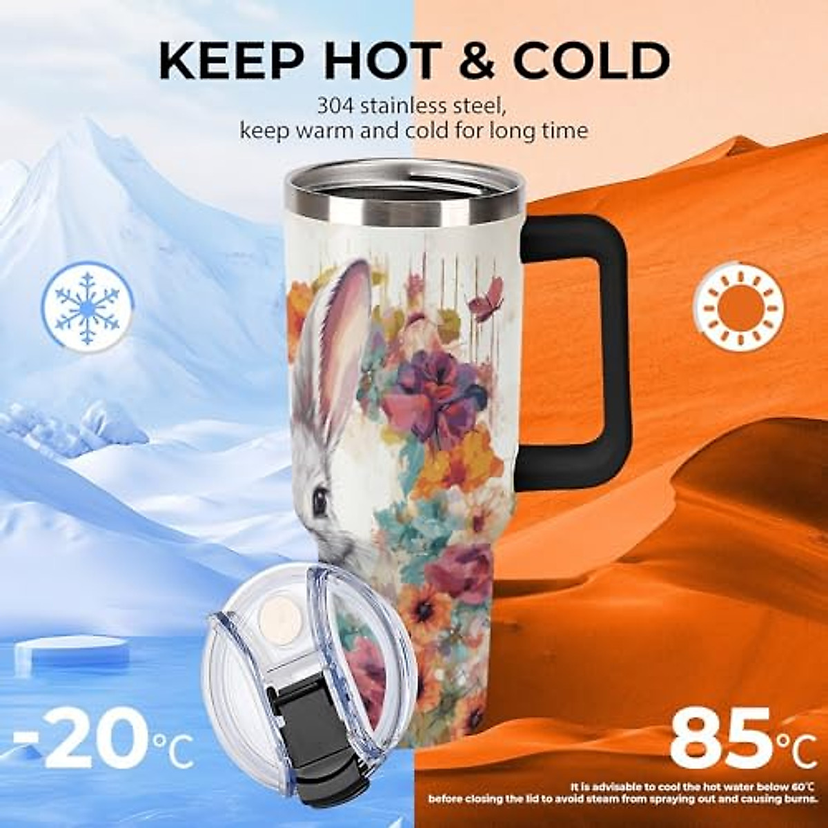 40 Oz Vacuum Tumbler with Black Handle Leakproof Insulated Tumbler Watercolor Rabbit And Flowers Stainless Steel Travel Mug with Lid And Straw Coffee Cup Cute Water Bottles Cup Holder Friendly