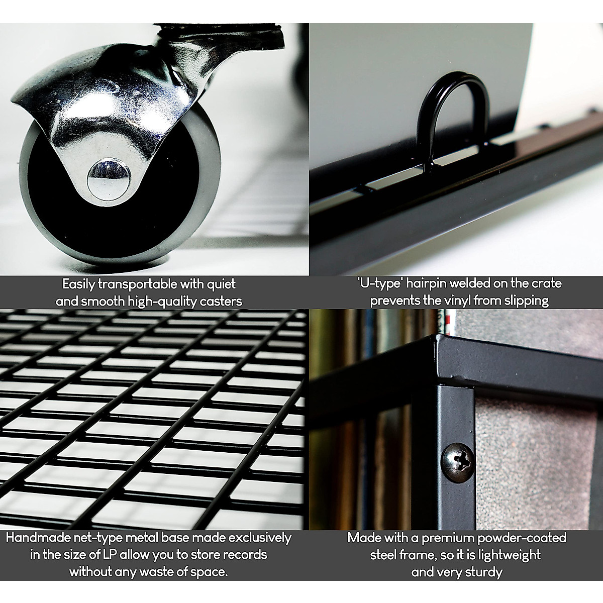 NEEDLEA Vinyl Record Holder Storage Up to 120 LP - Sturdy Metal Frame Crate Moving Box with Wheels - Stylish Display Rack Organizer for Vinyl Album in Home Office