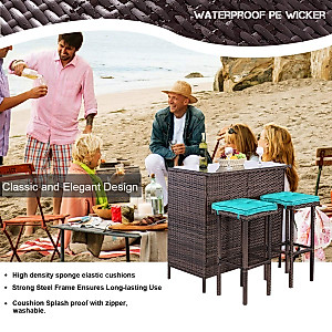 Polar Aurora 3PCS Patio Bar Set with Stools and Glass Top Table Patio Wicker Outdoor Furniture with Blue Removable Cushions for Backyards, Porches, Gardens or Poolside