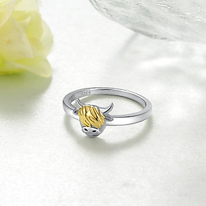 Highland Cow Ring 925 Sterling Silver Animal Cow Ring Animal Lover Highland Cow Jewelry Gifts for Women (Size: 9)